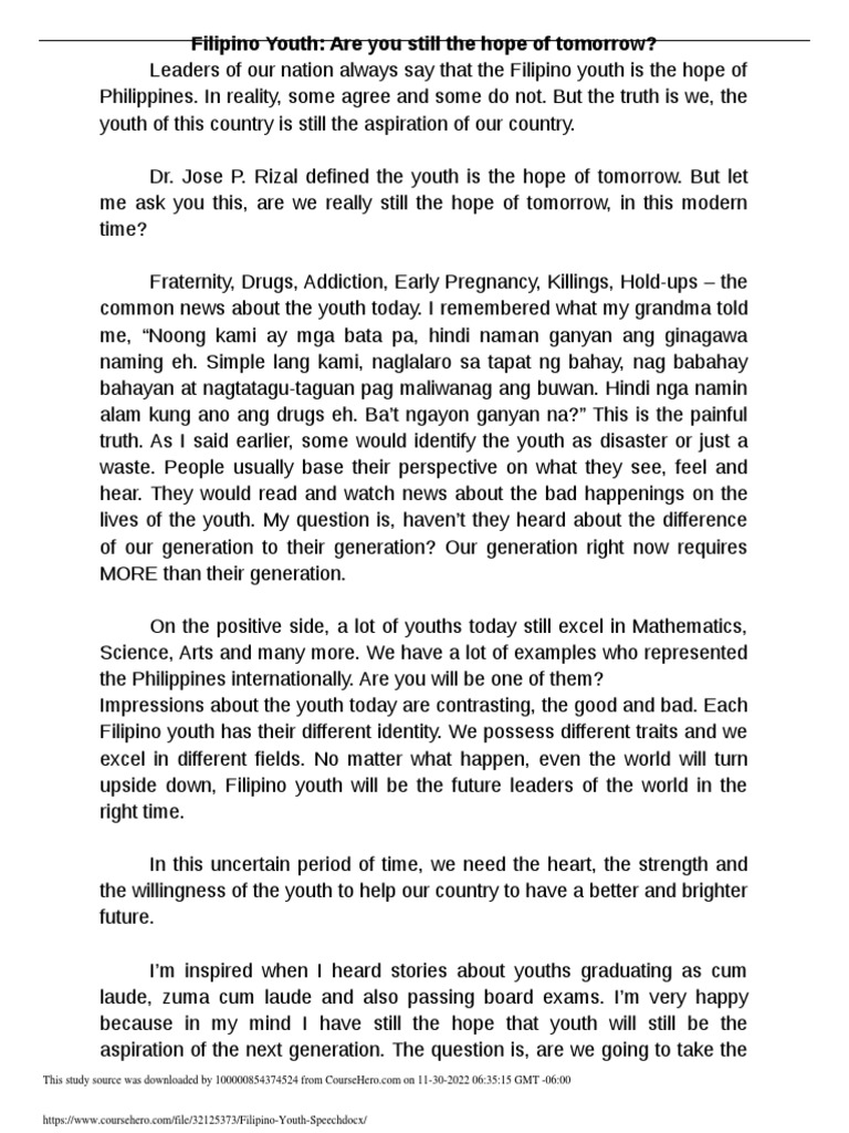 Filipino Youth Speech | PDF | Self-Improvement | Lifestyle