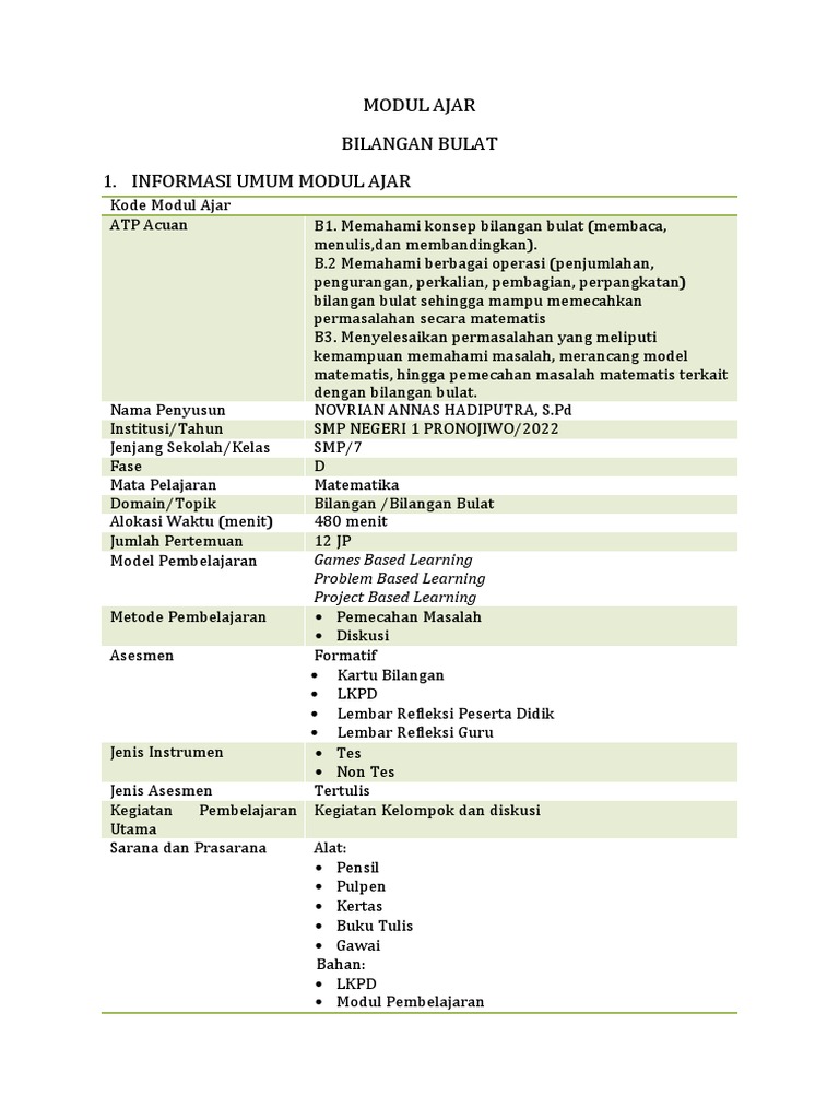 Modul Ajar Matematika - MODUL AJAR BILANGAN BULAT - Fase D | PDF