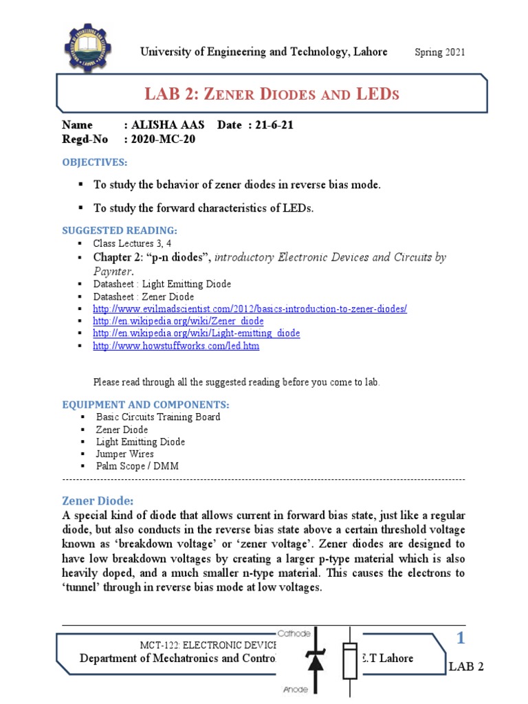 Lab 2 Zener and LEDs | PDF | P–N Junction | Diode