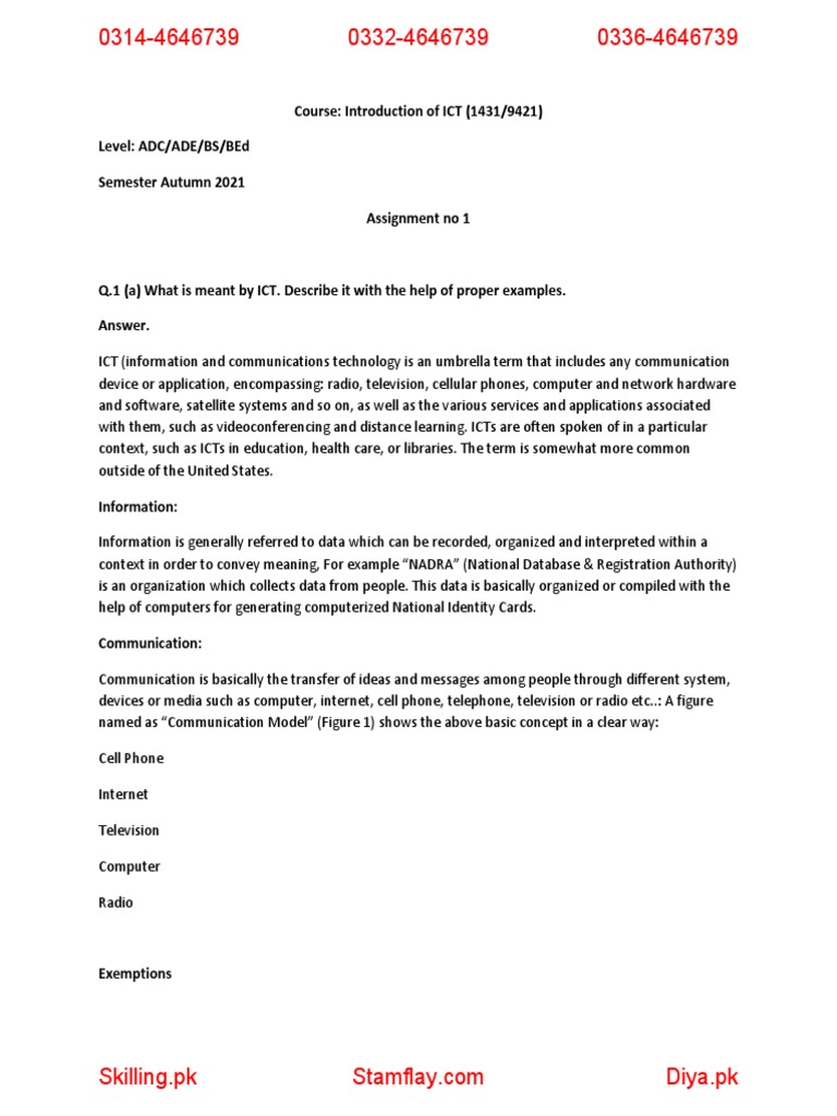 Course: Introduction of Ict (1431/9421) Level: Adc/Ade/Bs/Bed Semester Autumn 2021 Assignment No ...