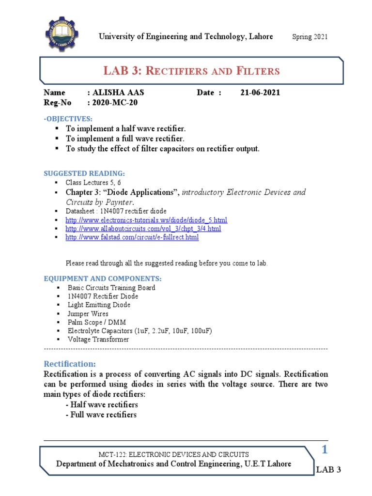 Rectifiers and Filters Lab Guide | PDF | Rectifier | Diode