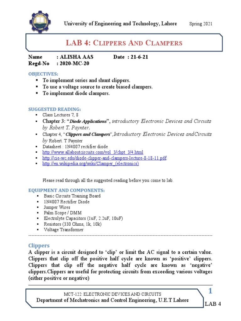 Lab 4 Clippers and Clampers | PDF | Diode | Electric Power