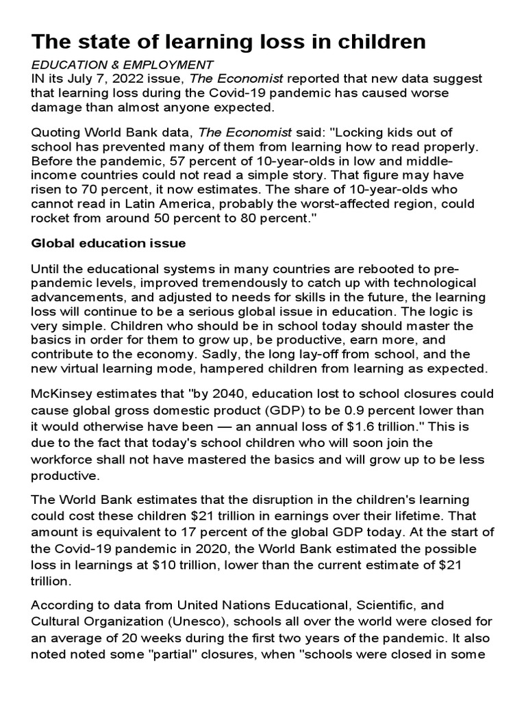 Strategies For Learning Loss | PDF | Teachers | Schools