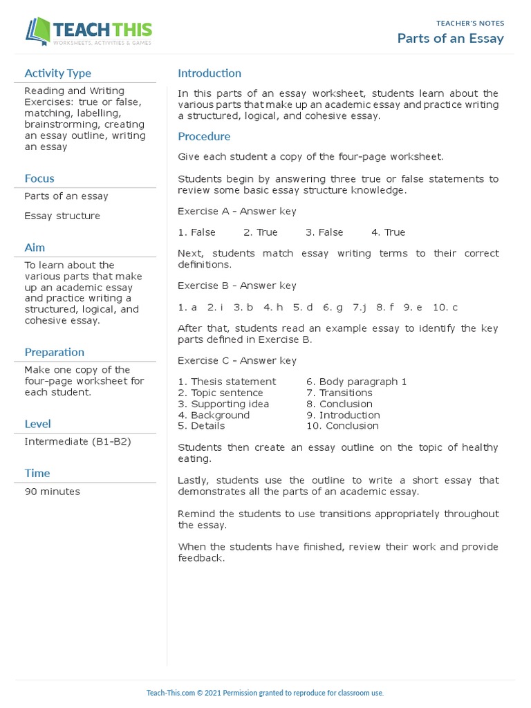 Parts of An Essay Worksheet | PDF | Essays | Foods