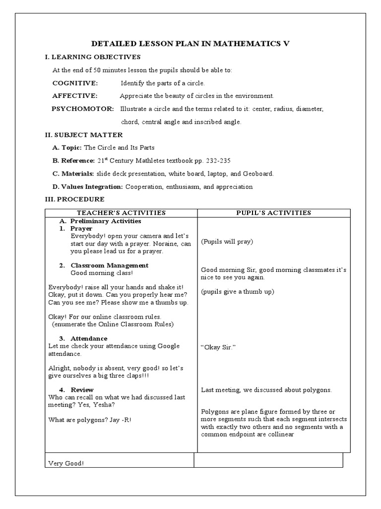 Detailed Lesson Plan in Circle | PDF | Circle | Angle
