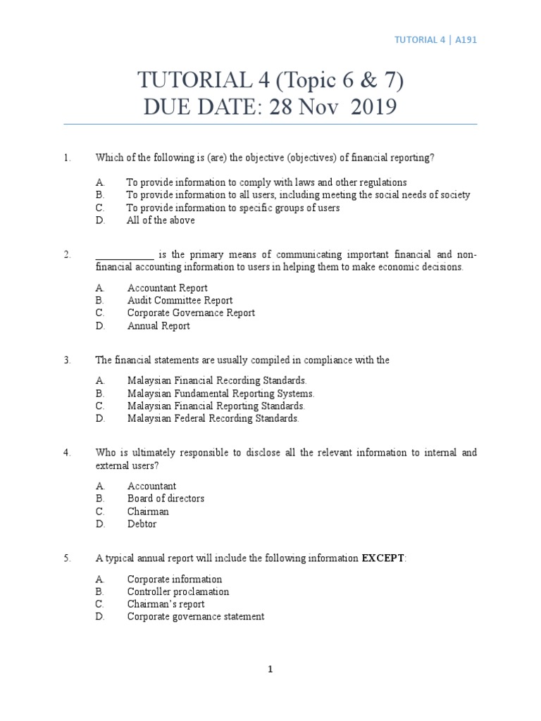 A191 BKAL1013 Tutorial 4 Answersheet | PDF | Equity (Finance) | Working ...