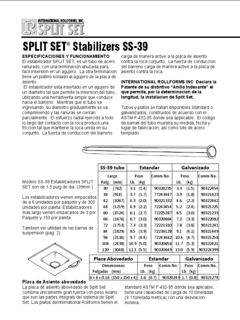 Split Set Stabilizers SS39 | Descargar gratis PDF | Perforación | Tornillo
