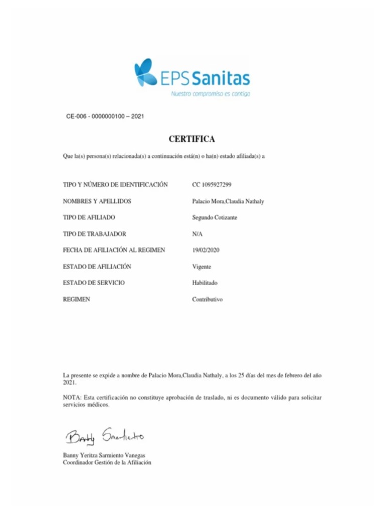 Certificado Colsanitas | PDF