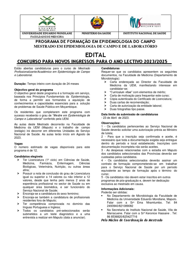 Edital Para Candidaturas Ao Mestrado Em Epidemiologia De Campo E