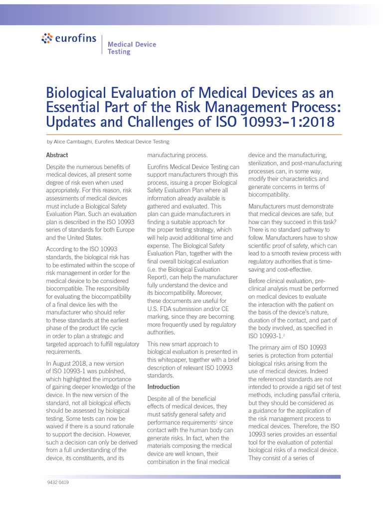 Biological Evaluation Of Medical Devices Pdf Medical Device Risk Management