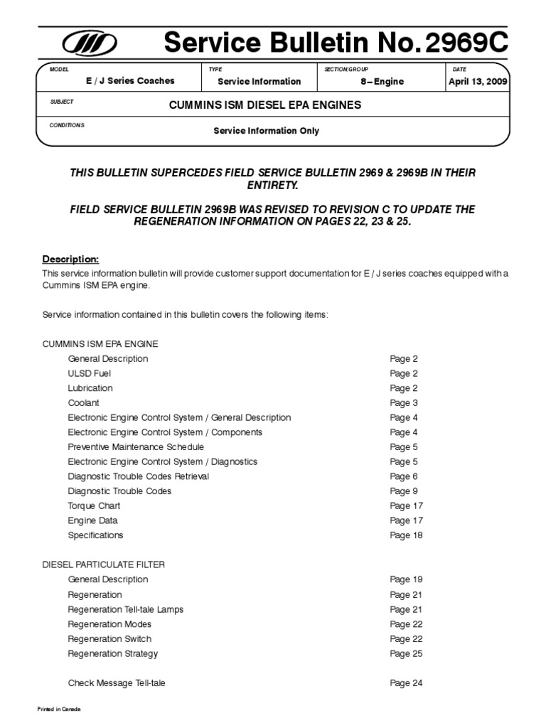 Cummins ISM Diesel Engine Service Bulletin: Provides Technical Service Information for EPA ...