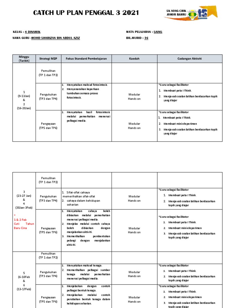 Catch Up Plan Sains 4 Dinamik Tahun 4 | PDF