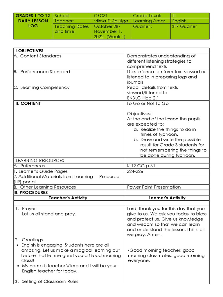 Daily Lesson Log (ENGLISH 3) VS.1 | Download Free PDF | Teachers | Learning