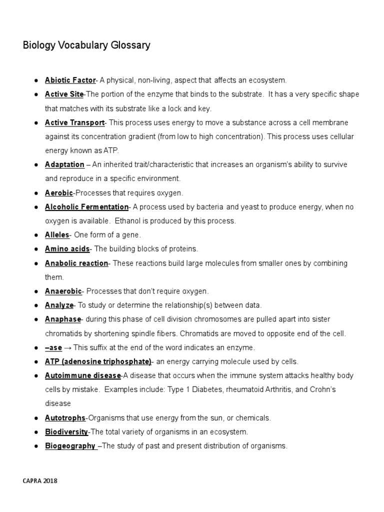 Biology Vocabulary Glossary | PDF | Cell (Biology) | Genetics Biology Vocabulary Glossary | PDF | Cell (Biology) | Genetics
