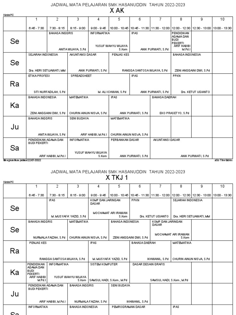 Jadwal Pelajaran SMK Hasanuddin Pare Tahun 2022-2023 Per Kelas | PDF