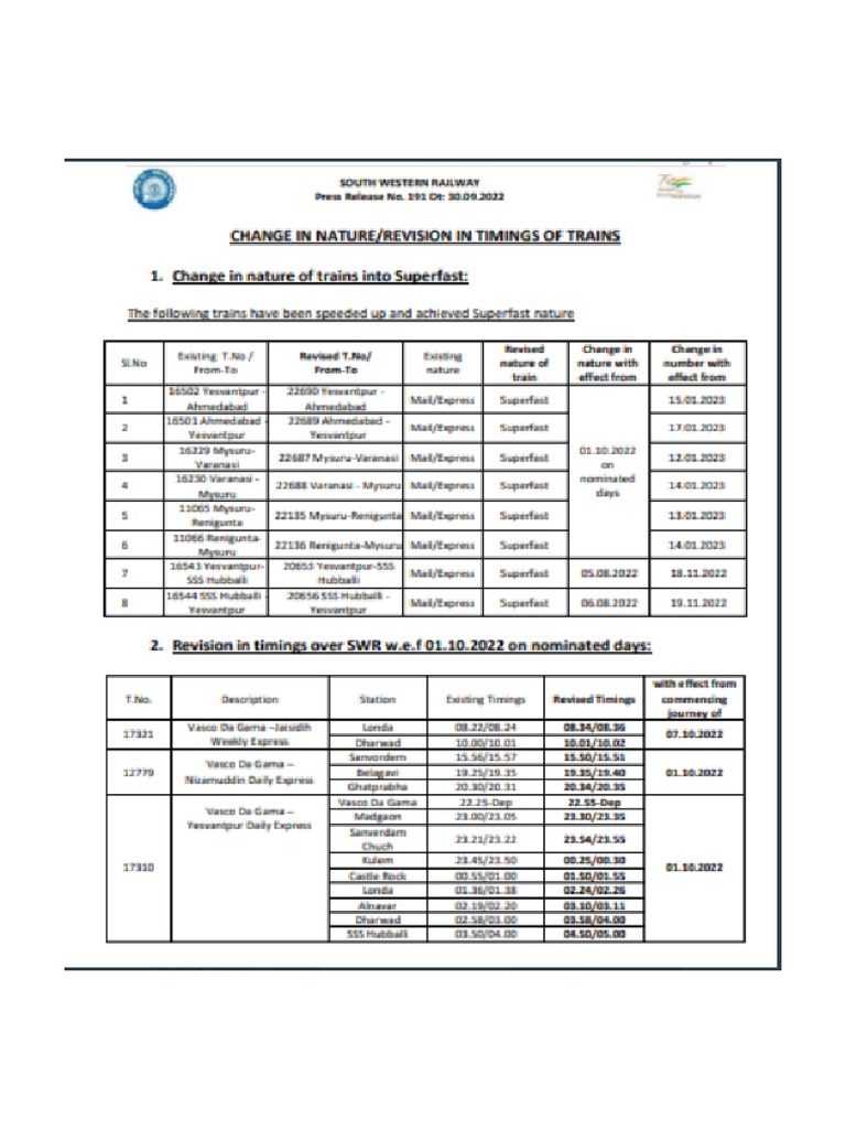 Train Time Table 2022 2023 SWR | PDF