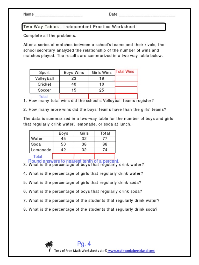 Pg. 4 - Two-Way Tables - Worksheet | Download Free PDF | Soft Drink ...