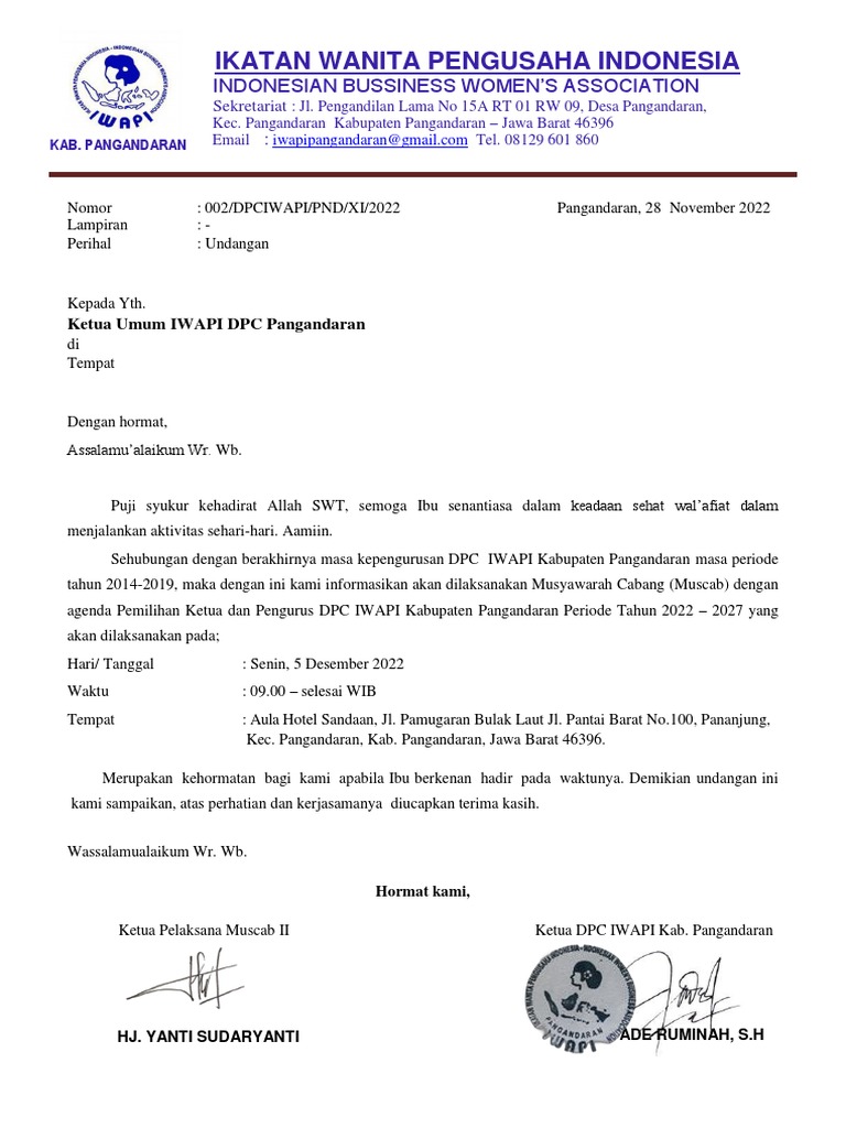 002-Undangan Muscab Ii DPC Pangandaran - Ketua DPD Iwapi Jabar | PDF