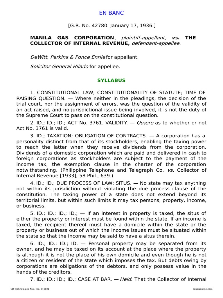 Manila Gas v. Collector | PDF | Taxes | Debt