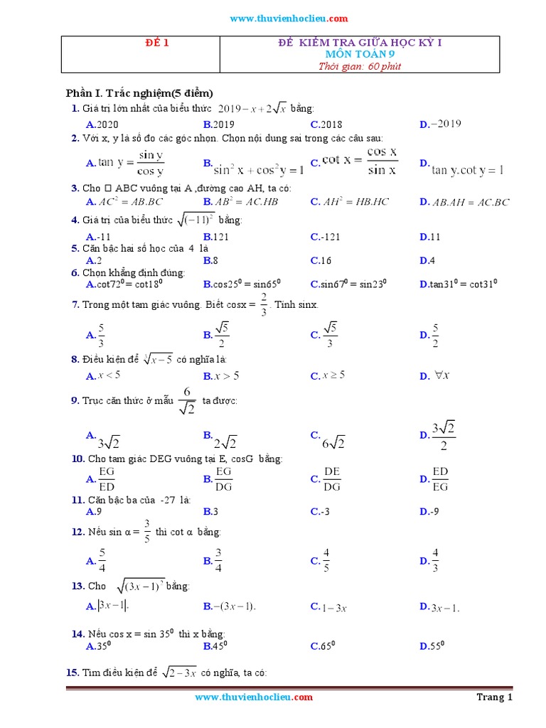 Bo de KT Toan 9 Giua HK1 | PDF
