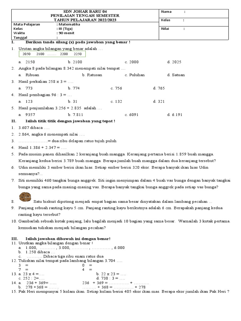 SOAL PTS Matematika SMT 1 2022 | PDF