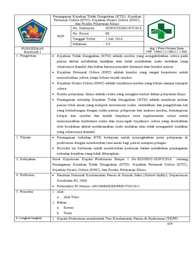 C9-001 SPO Penanganan Kejadian Tidak Diinginkan (KTD), Kejadian Potensial Cidera (KTC), Kejadian ...