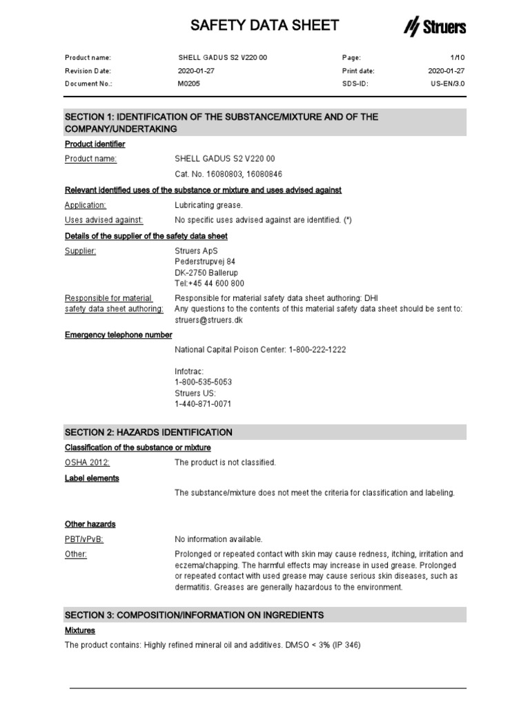 SDS Shell Gadus S2 V220 Us en M0205 | PDF | Dangerous Goods | Toxicity