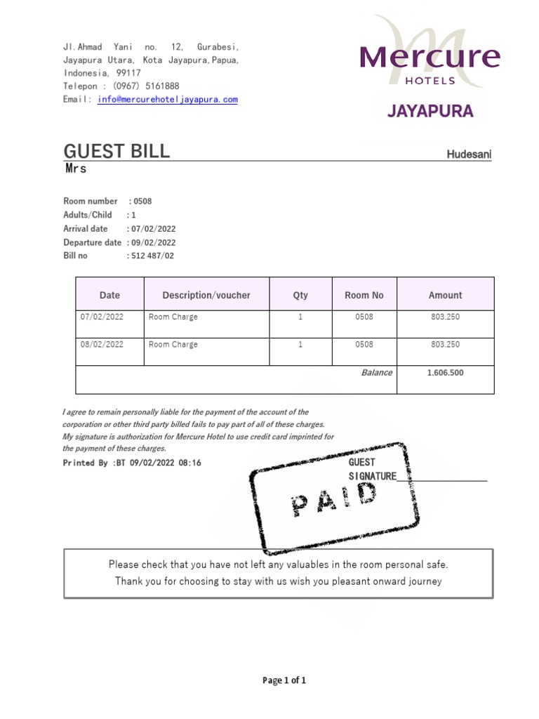 GUEST BILL Hotel | PDF