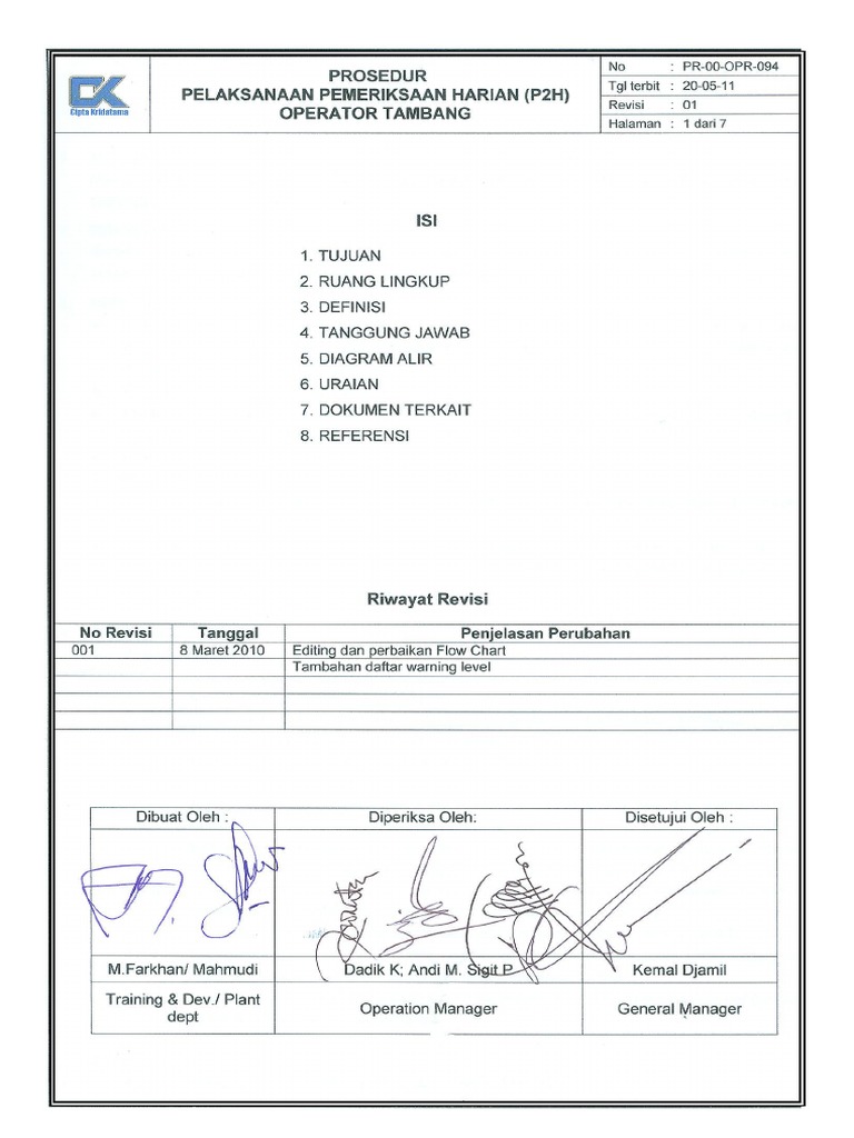 Prosedur P2H untuk Operator Tambang | PDF