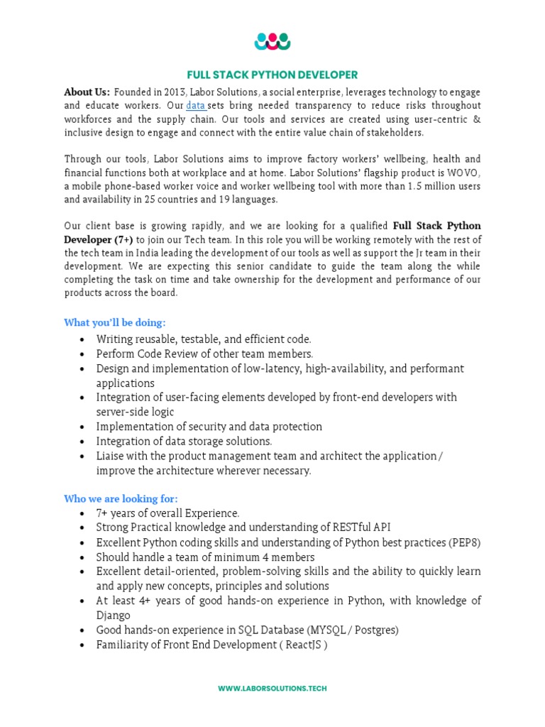 Full Stack Python JD Labor Solutions | PDF | Python (Programming ...