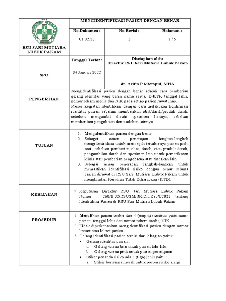 Spo 1 Identifikasi Pasien (SKP 1) | PDF