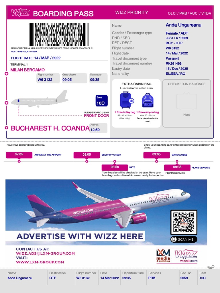 BoardingCard 258974275 BGY OTP | PDF | Transport | Aviation