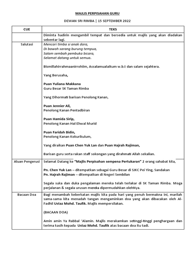 Teks MC Majlis Perpisahan - JC, HR | PDF