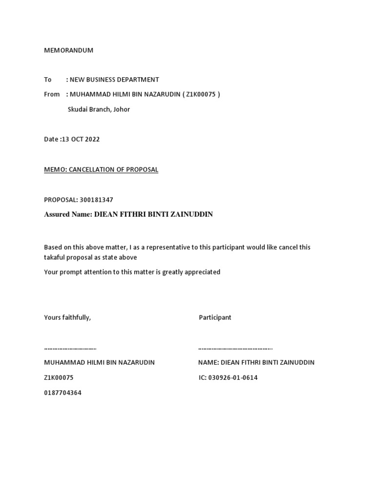 Memo Cancellation From Inception | PDF