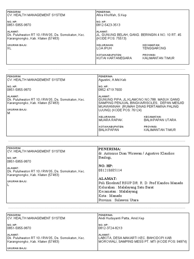 Alamat Pengiriman H29 | PDF