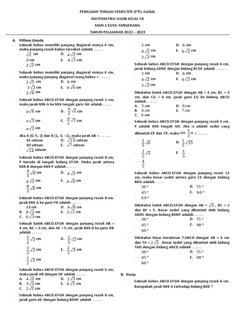 PTS Ganjil Matematika Wajib Xii (2022) | PDF