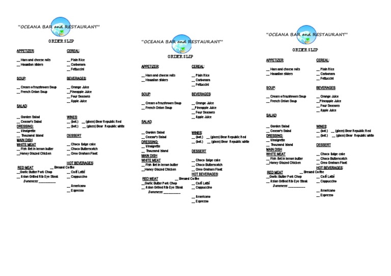 OCEANA BAR and RESTAURANT Order Slip | PDF | Salad | Steak