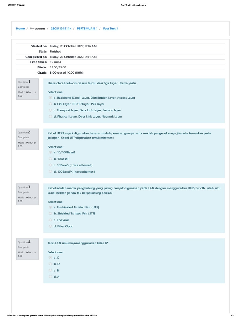 Post Test 1 - Attempt Review | PDF