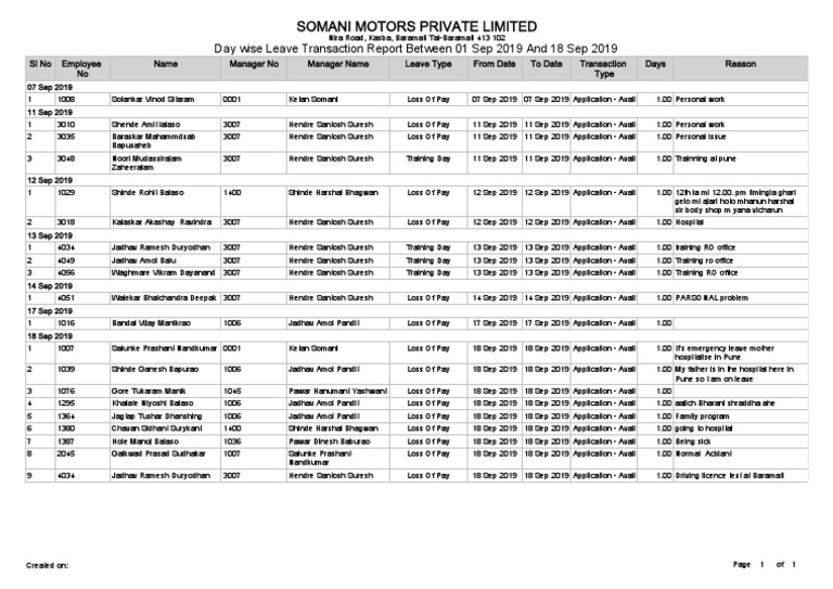 Somani Motors Private Limited: Day Wise Leave Transaction Report ...