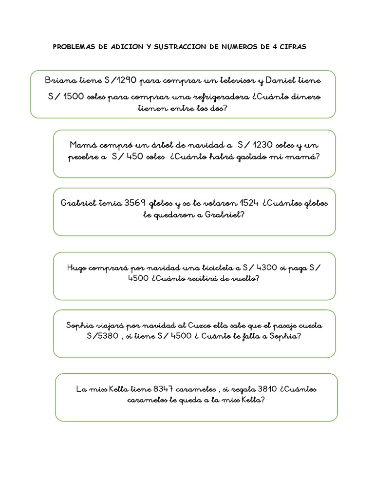 Problemas de Adicion y Sustraccion de Numeros de 4 Cifras | PDF