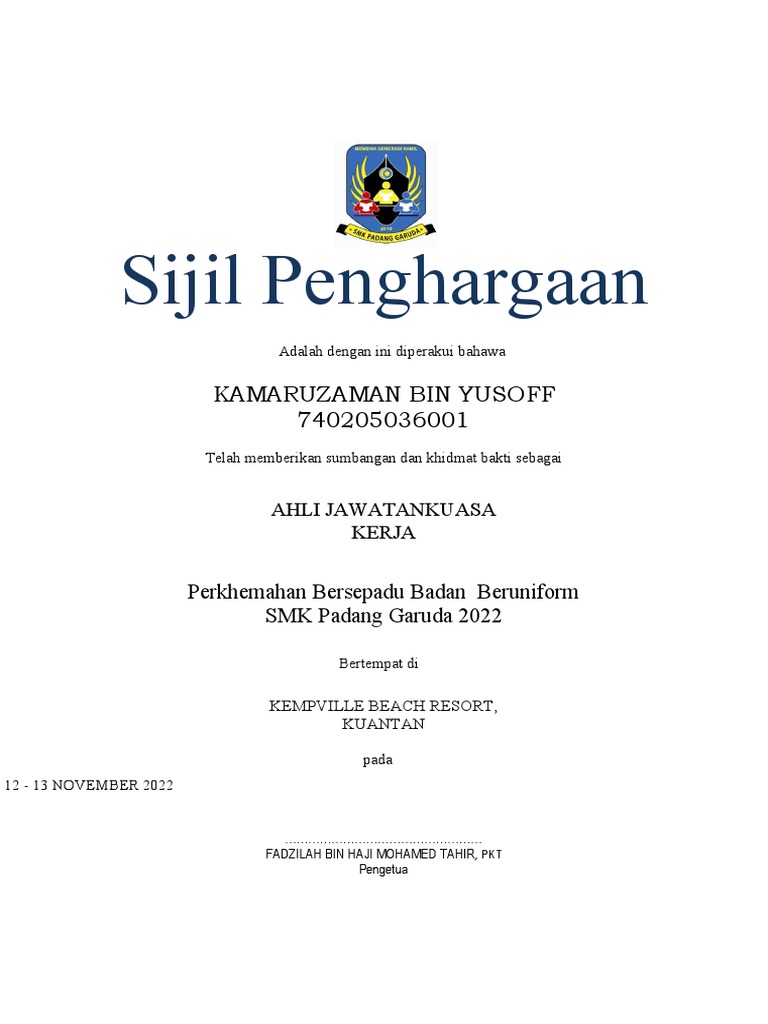 Sijil Penghargaan Ajk Kerja | PDF