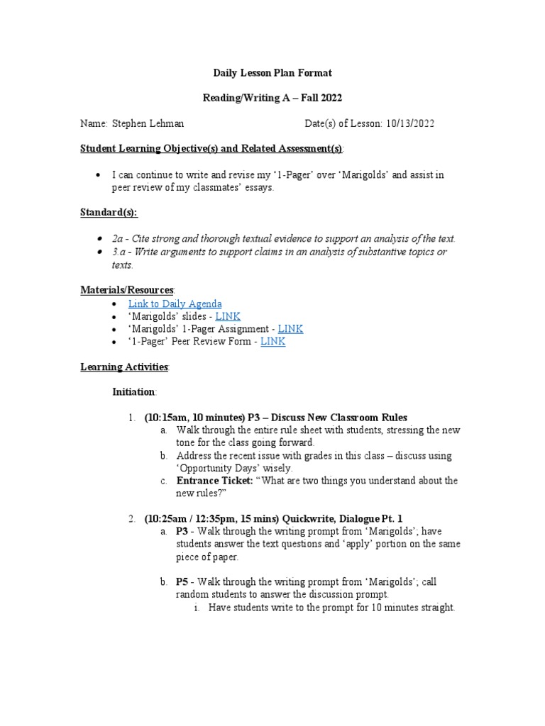 Rwa Lesson Plan 1 | PDF | Lesson Plan | Education Theory