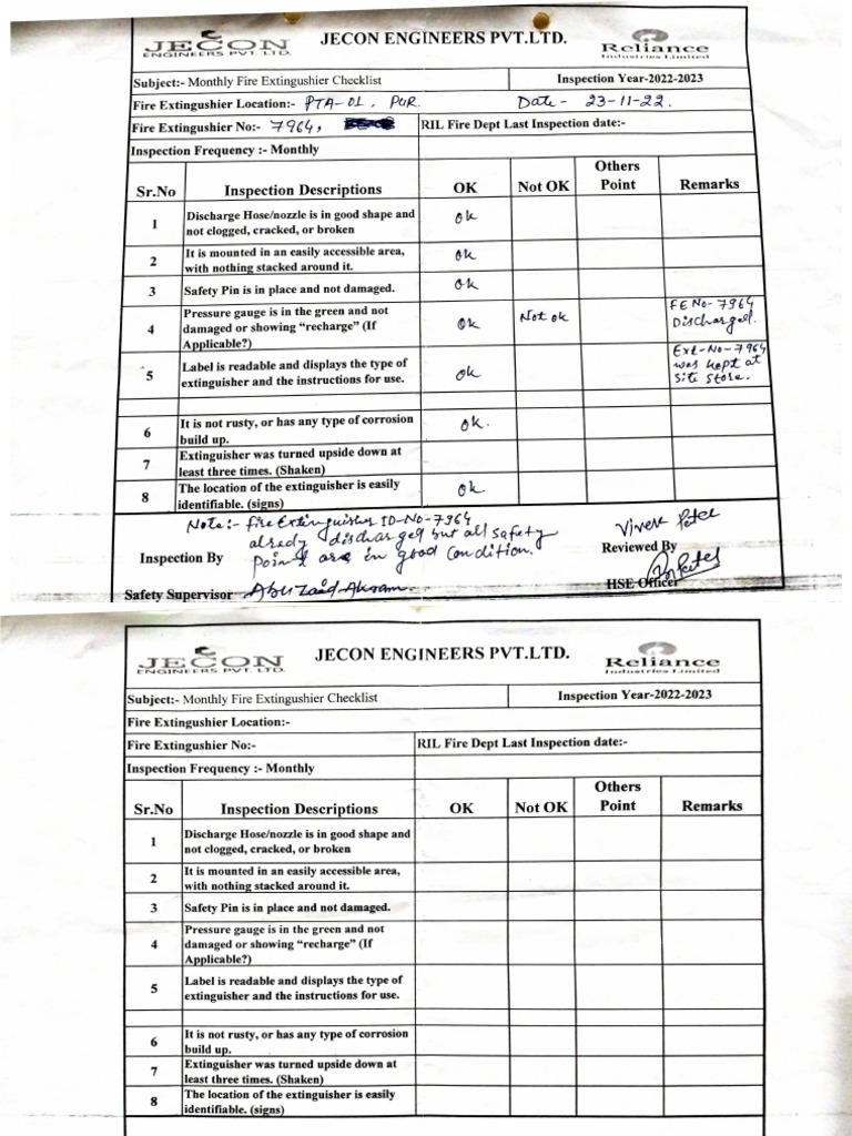 Monthly Fire Extinguisher Check List | PDF