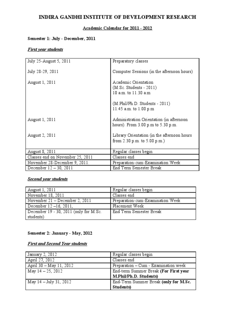 Academic Calendar 2011 2012 | PDF
