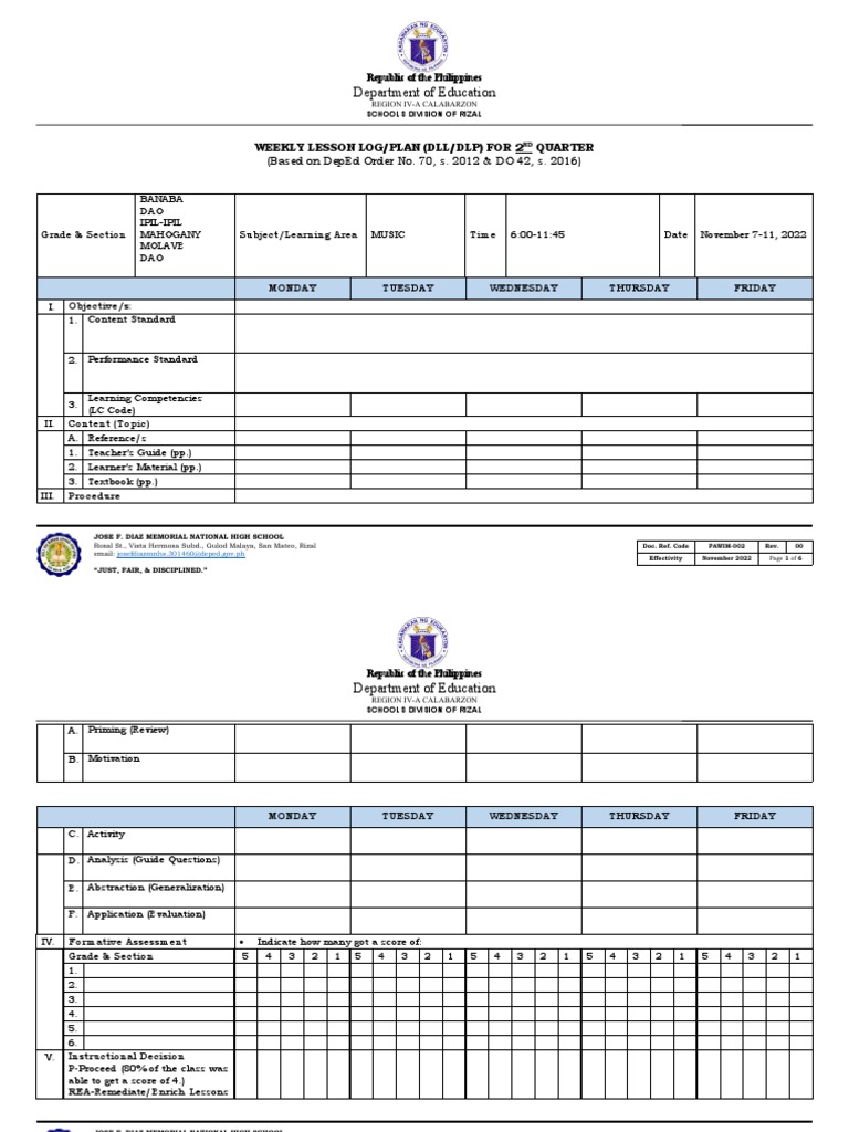 Weekly Lesson Log Plan For 2ND Quarter | Download Free PDF | Change ...