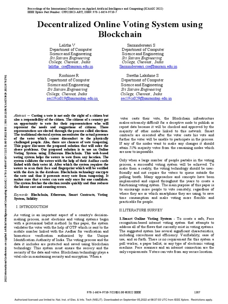 Decentralized Online Voting System Using Blockchain | PDF | Biometrics ...