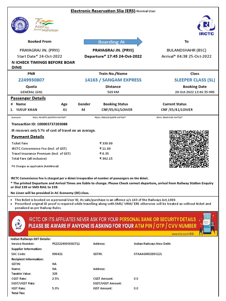Sangam Express Sleeper Class (SL) | PDF | Identity Document