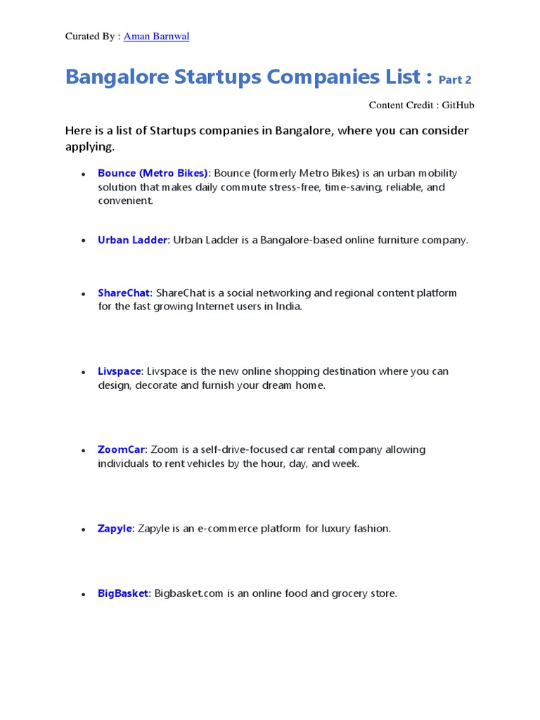 Bangalore Startups Companies List Part 2 Aman Barnwal 1669265122 | PDF ...