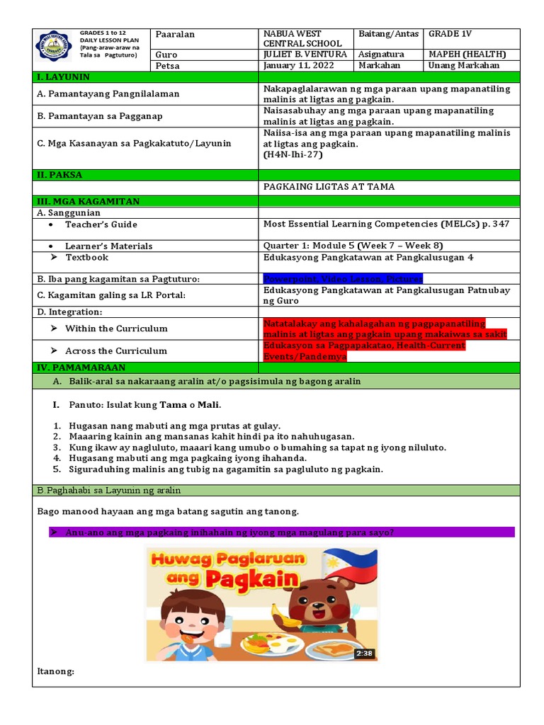 Co Lesson Plan Health 4 Quarter 1 | PDF