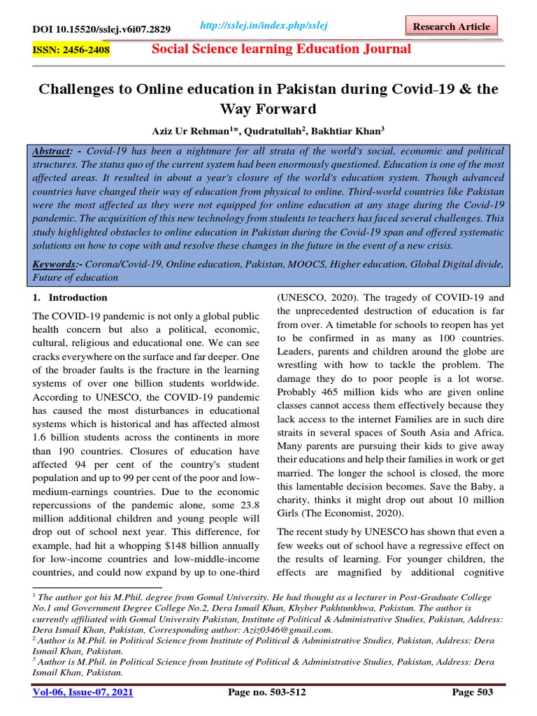 Challenges To Online Education in Pakistan During Covid-19 & The Way Forward | PDF | Educational ...